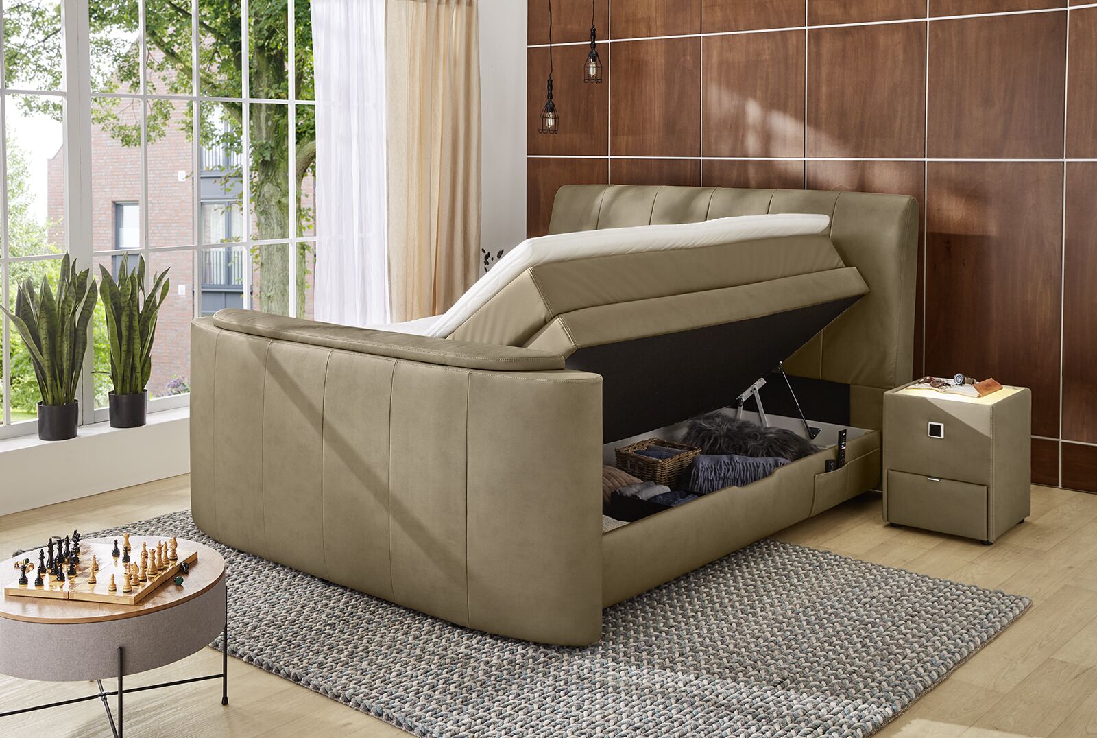 Boxspring 180x200cm met tv-lift en opbergruimte stof modder - WEBA meubelen